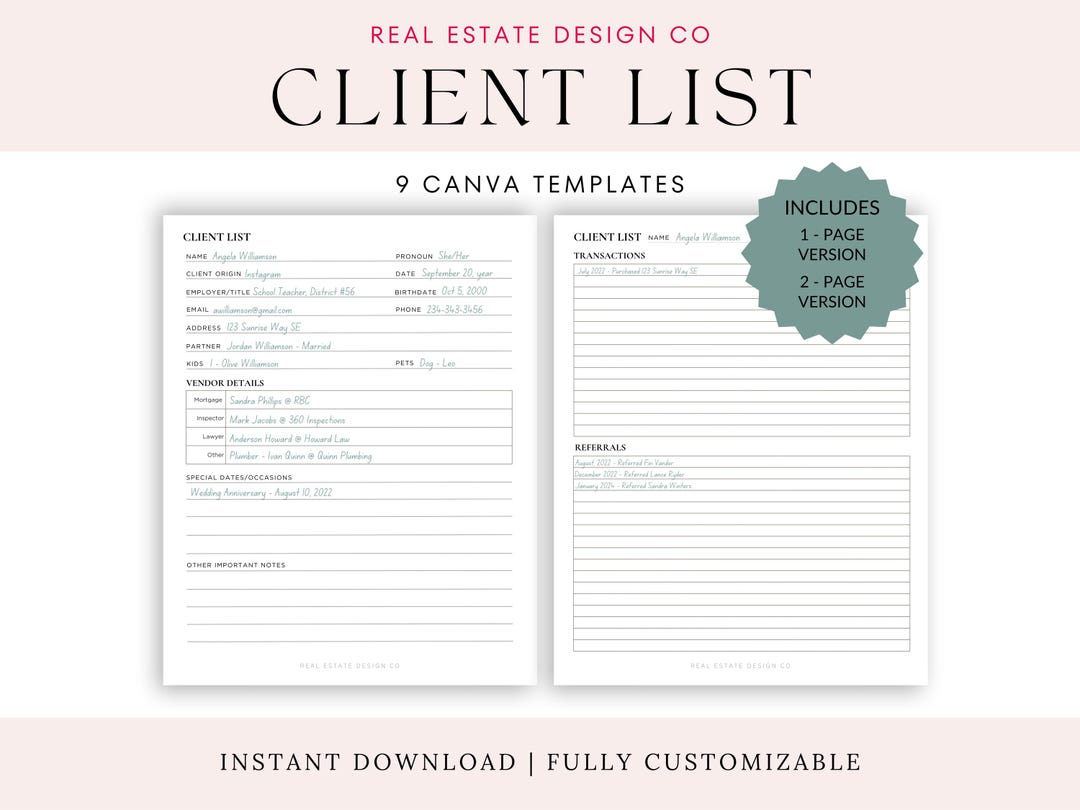 Real Estate Client List Canva Template, Client Touchpoint Tracker ...