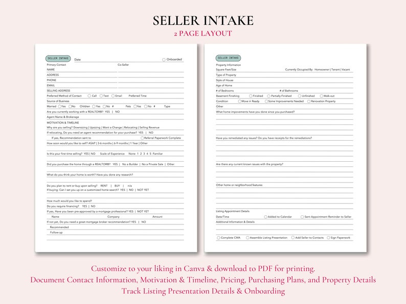 Real Estate Buyer and Seller Intake Forms, Client Intake Canva Template ...