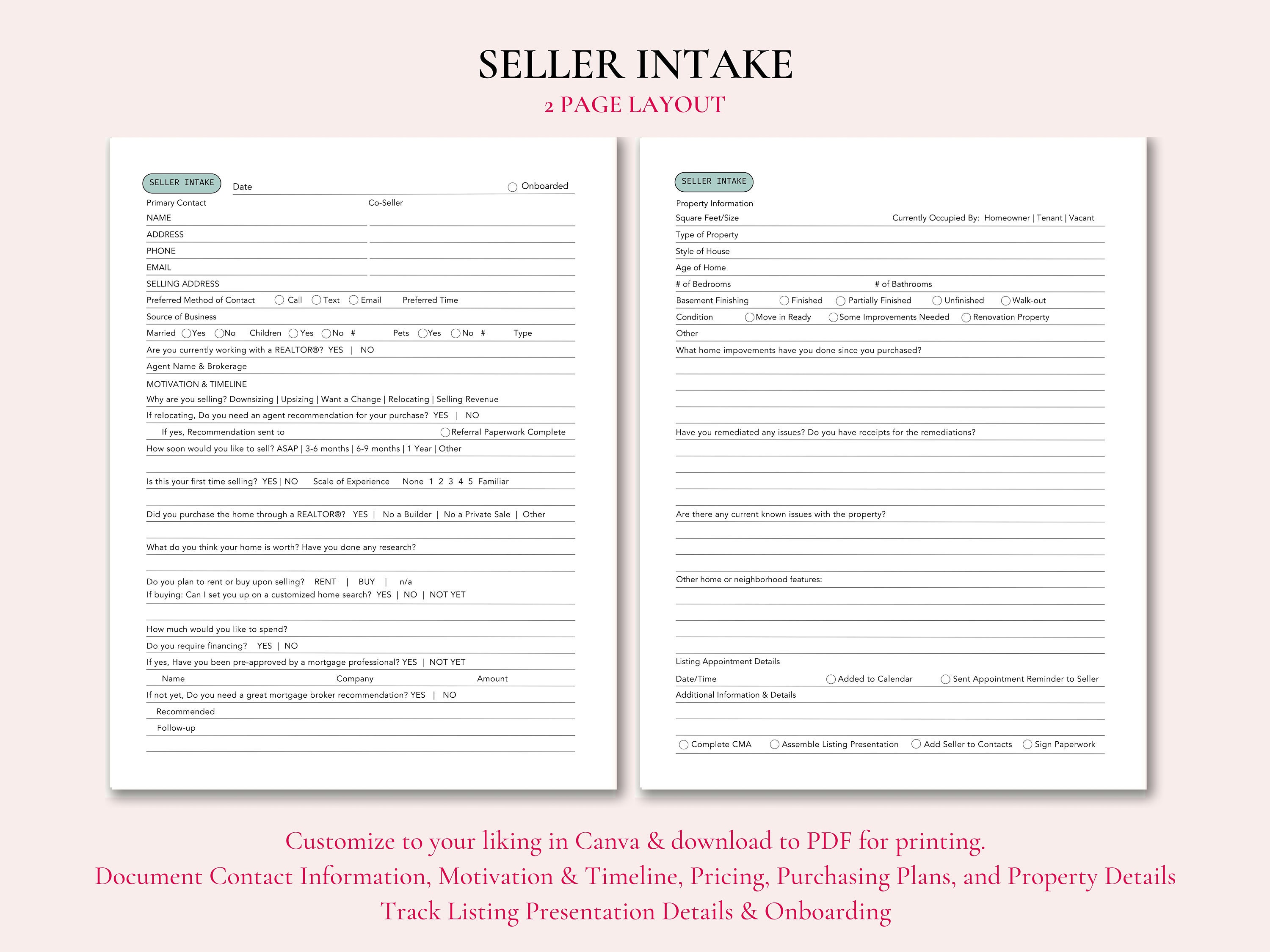 Real Estate Buyer and Seller Intake Forms, Client Intake Canva Template ...