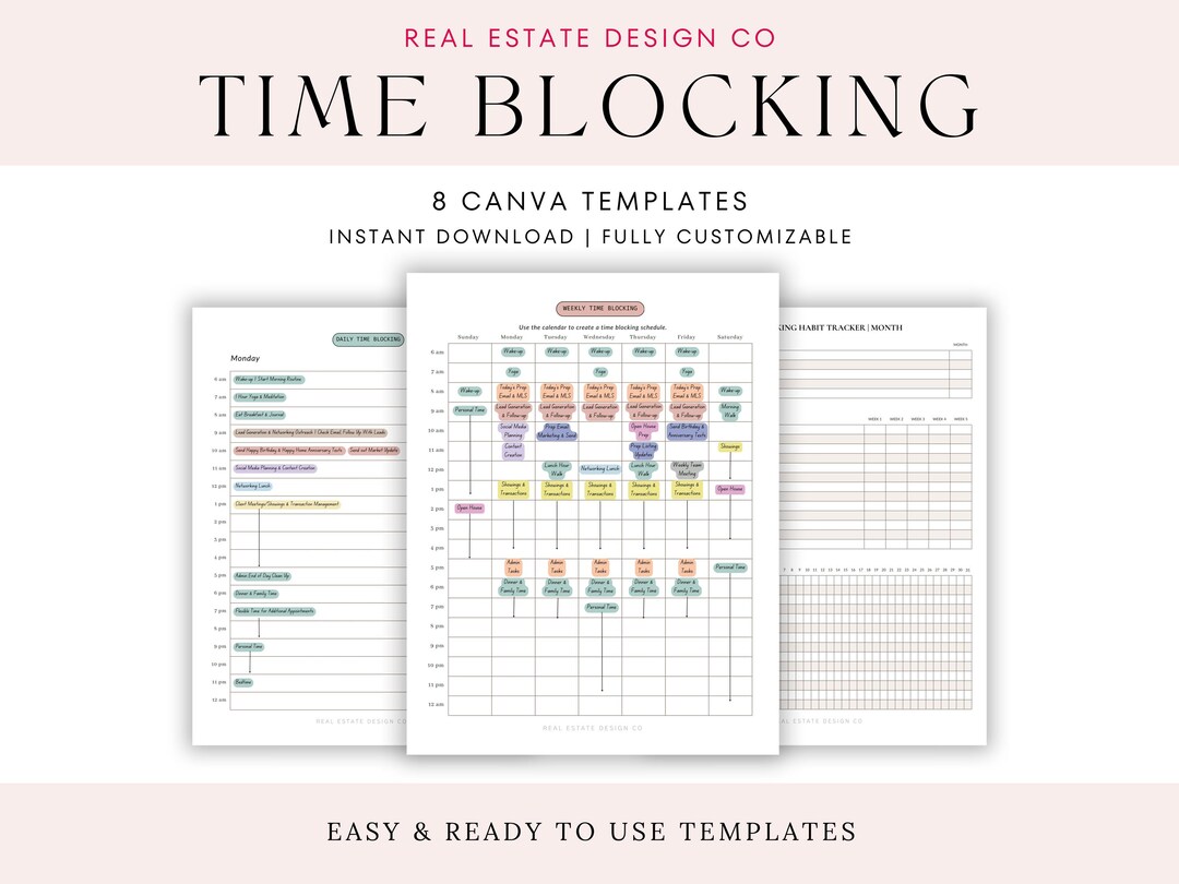 Real Estate Agent Time Blocking Planner Canva Template, Daily Weekly ...