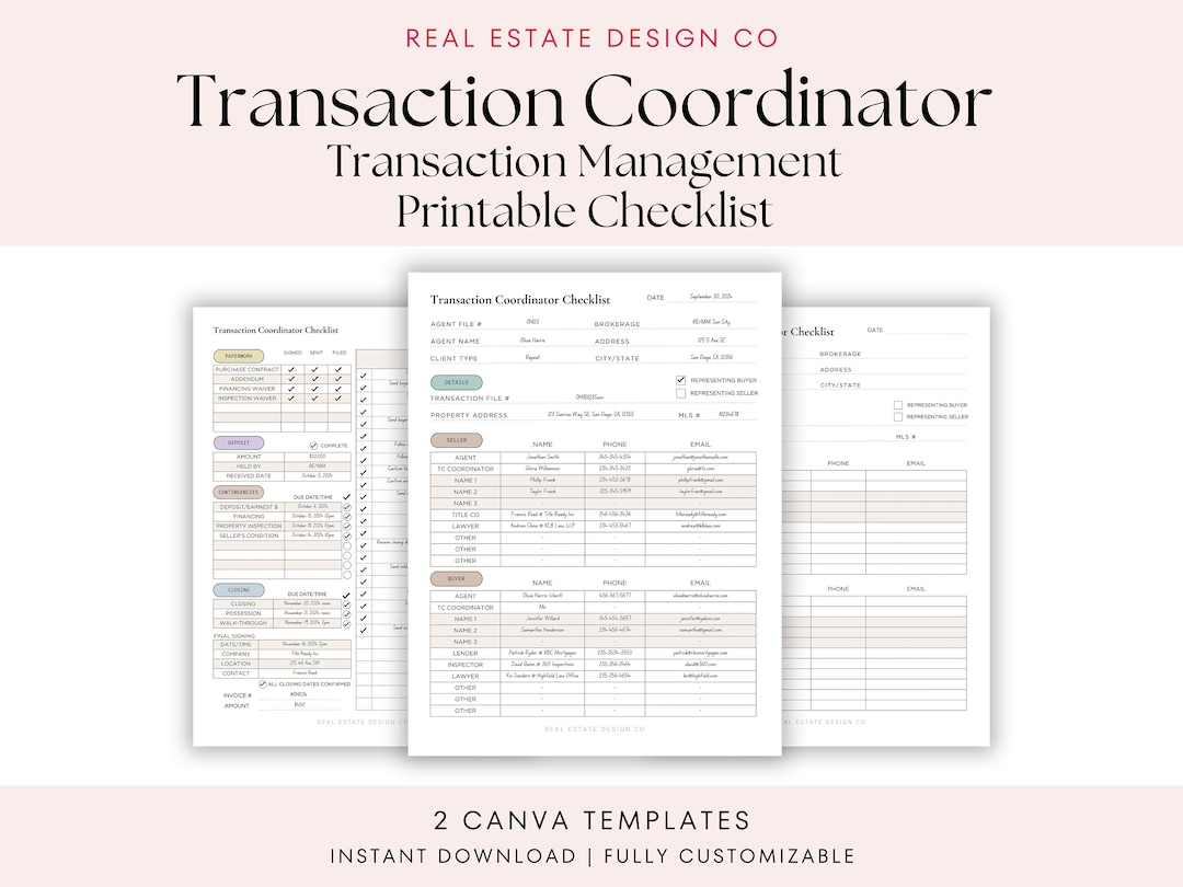 Real Estate Transaction Coordinator Checklist: Canva Template ...