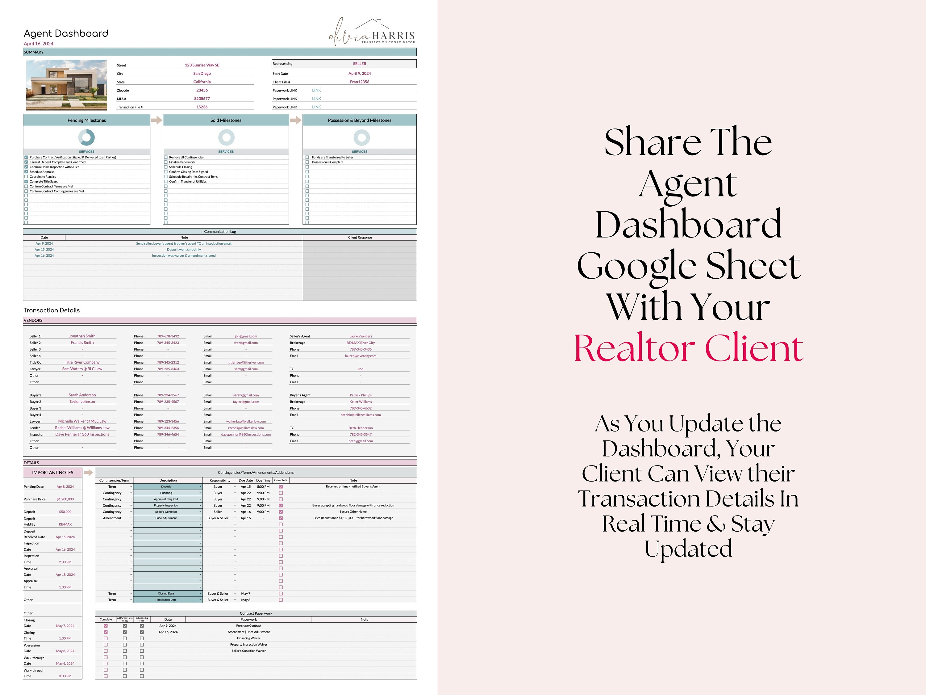 Real Estate Transaction Coordinator Client Dashboard Google Sheets ...
