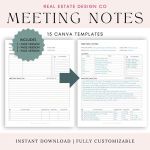 Meeting Notes Canva Template, Meeting Minutes Template, Editable ...