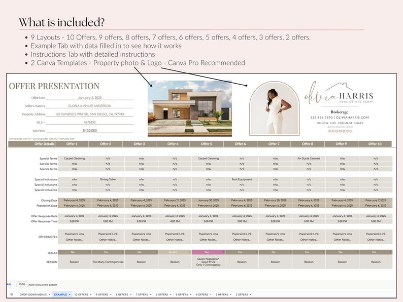 Real Estate Multiple Offer Comparison Google Sheet Plus Bonus Canva ...