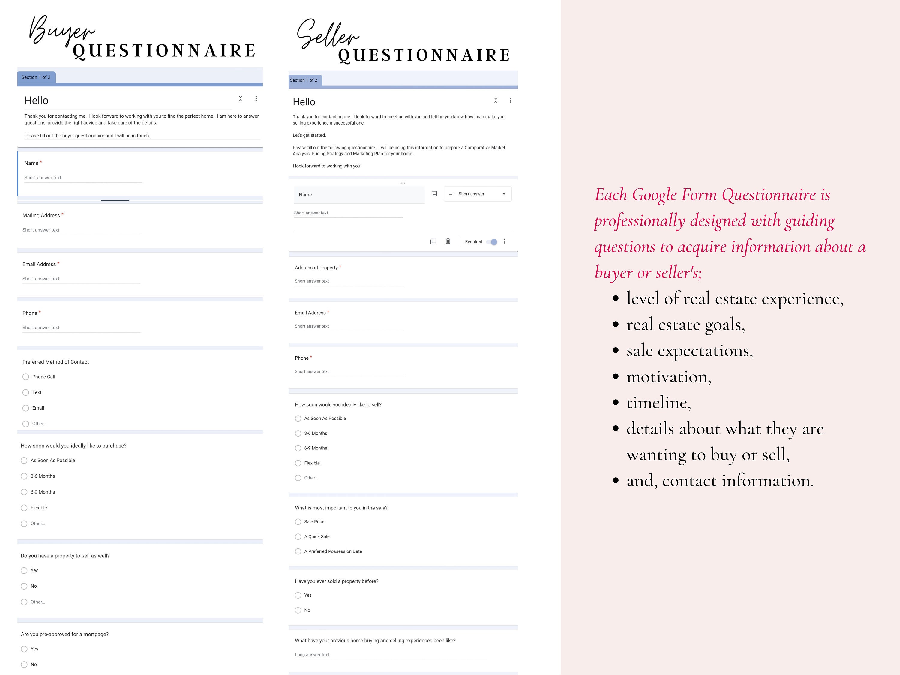 Buyer and Seller Intake Questionnaire Real Estate Google Form - Etsy Canada