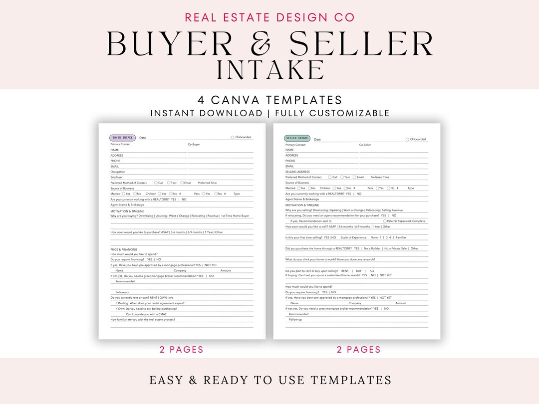 Real Estate Buyer and Seller Intake Forms, Client Intake Canva Template ...