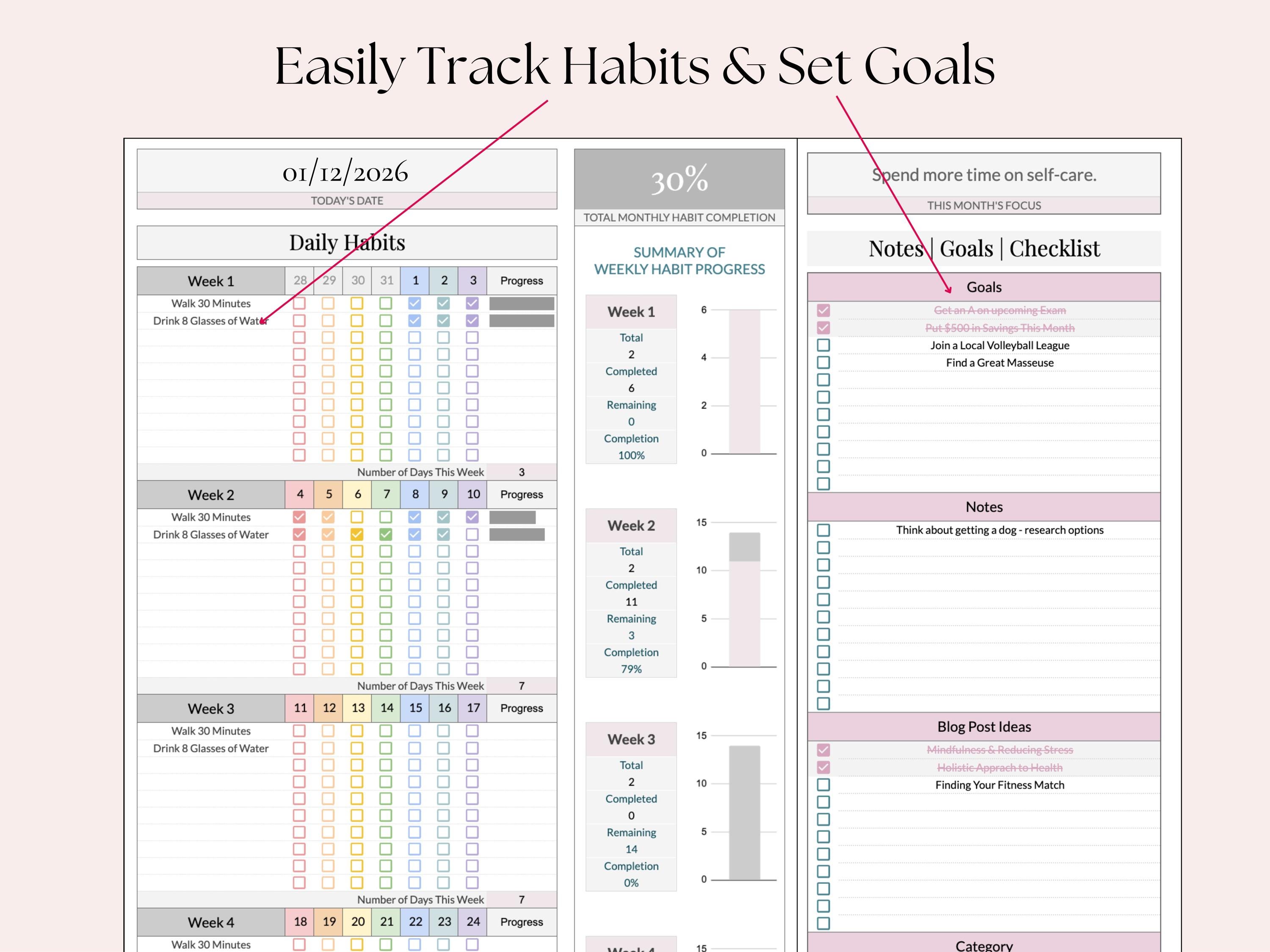 Monthly Smart Calendar With Habit Tracker Google Sheets Spreadsheet ...