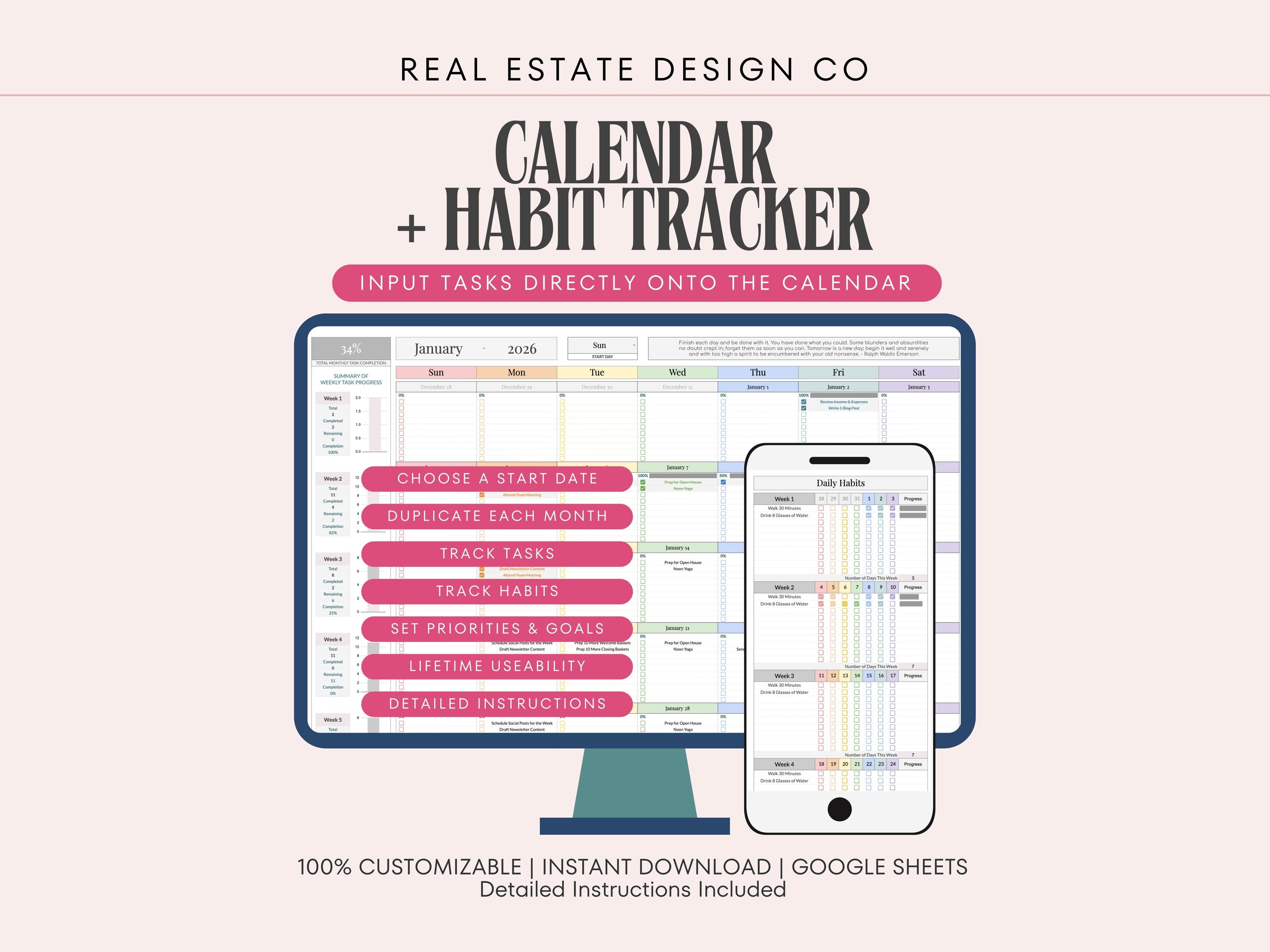 Monthly Smart Calendar With Habit Tracker Google Sheets Spreadsheet ...