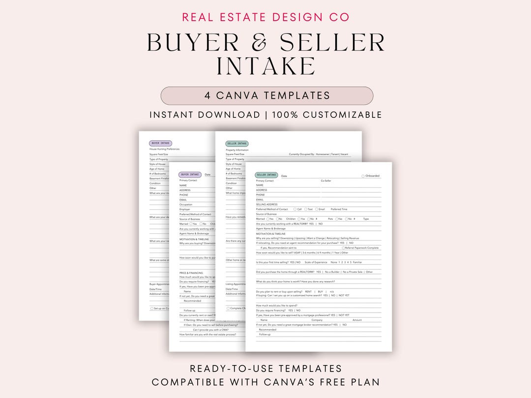 Real Estate Buyer and Seller Intake Forms, Client Intake Canva Template ...