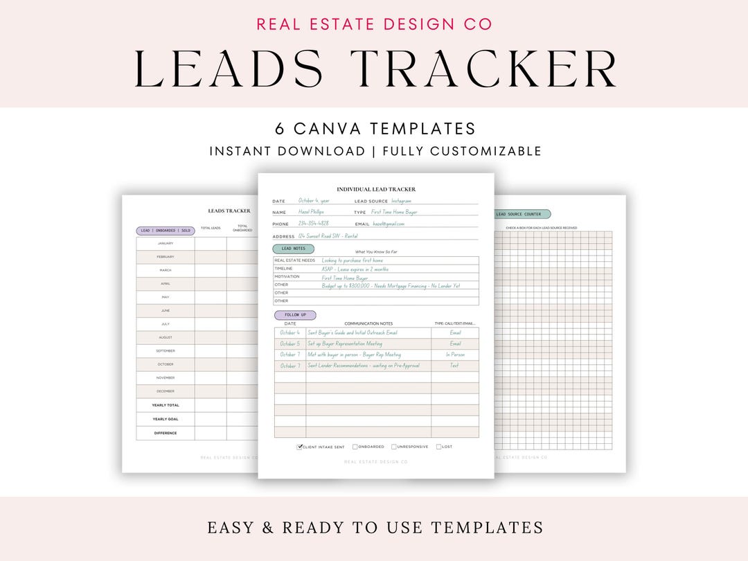 Real Estate Leads Tracker Canva Template, Track Individual Leads, Track ...