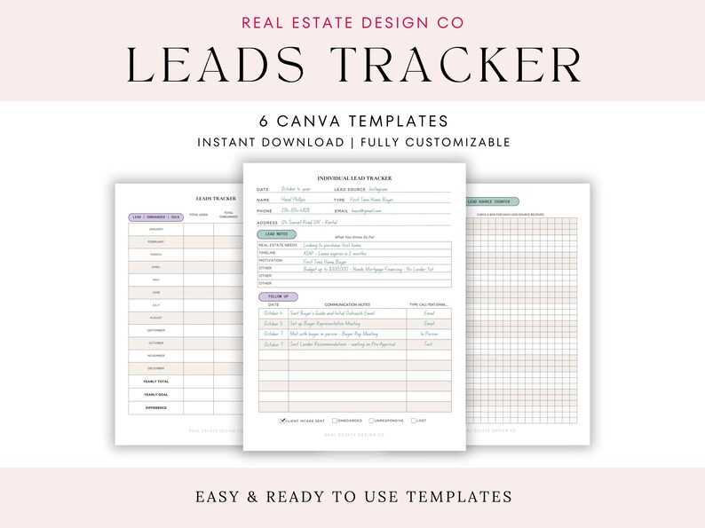 Real Estate Leads Tracker Canva Template, Track Individual Leads, Track ...