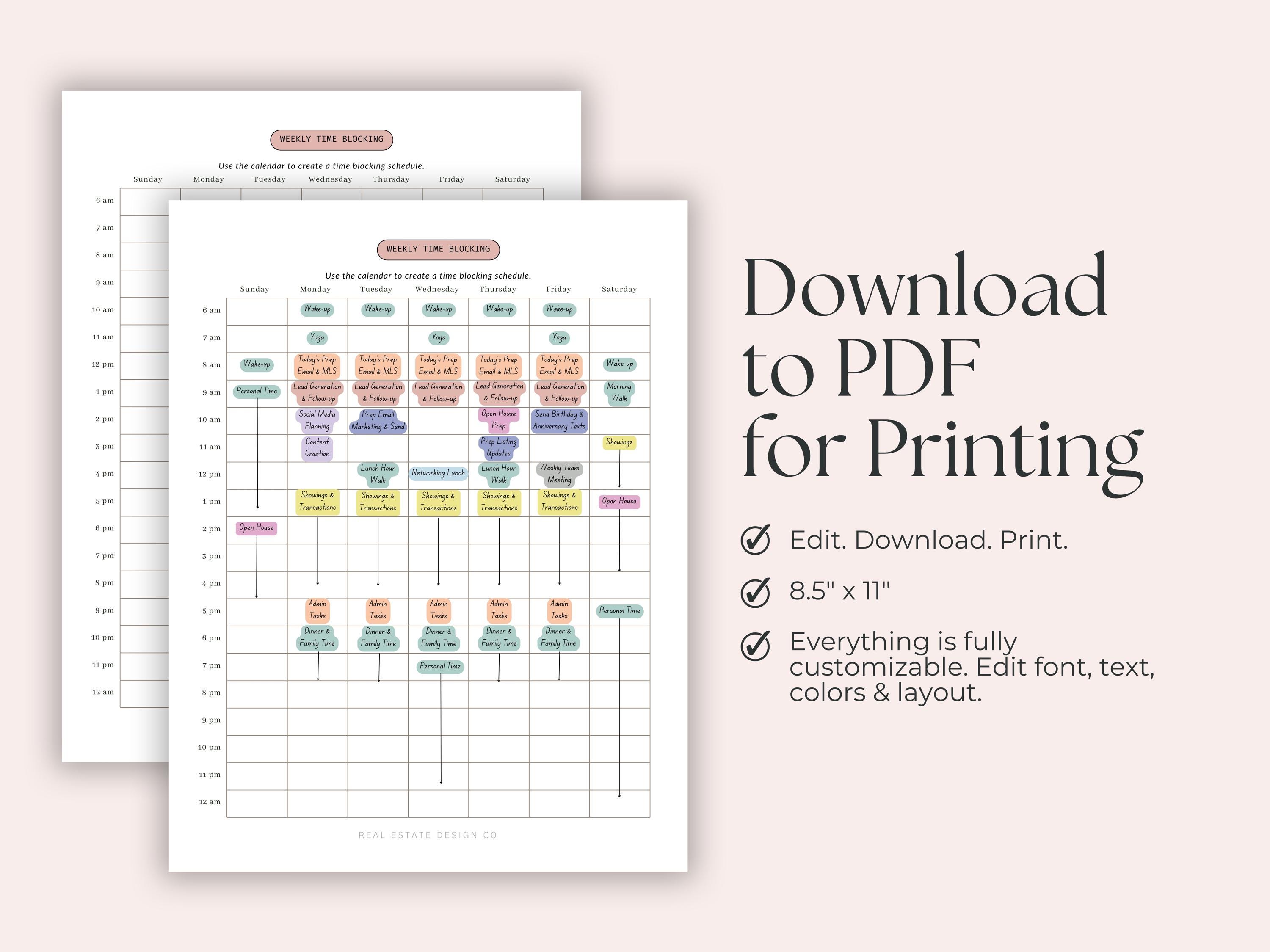 Real Estate Agent Time Blocking Planner Canva Template, Daily Weekly ...