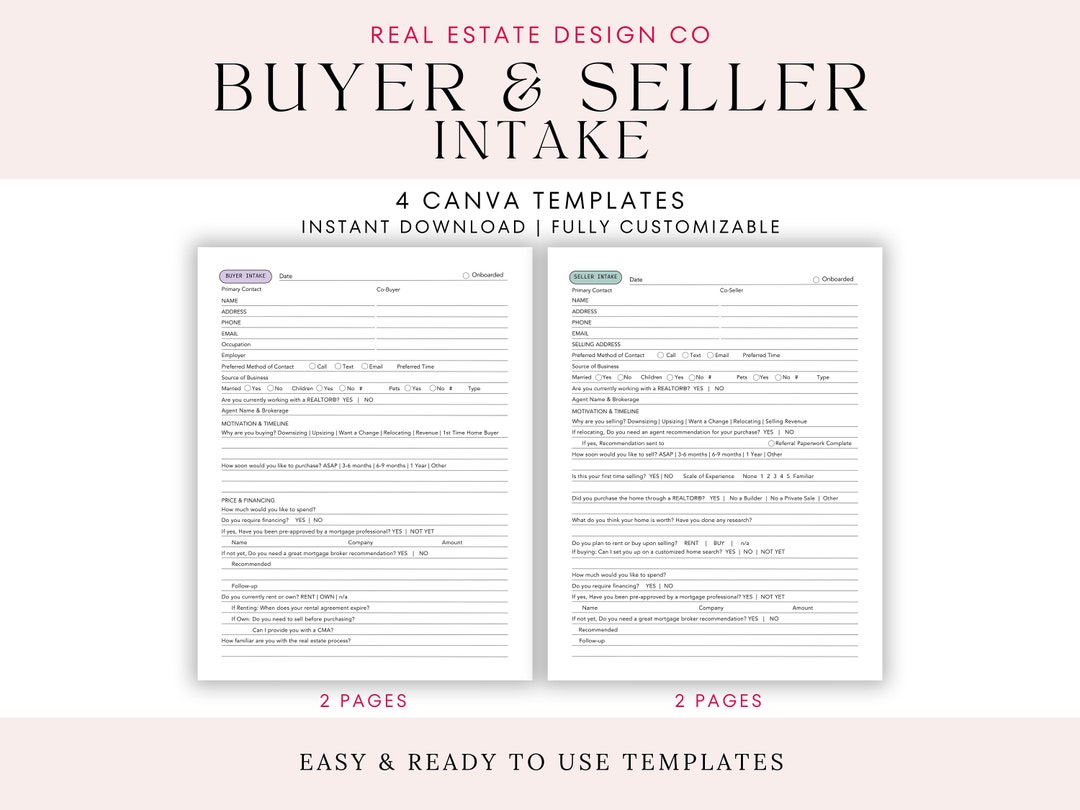 Real Estate Buyer and Seller Intake Forms, Client Intake Canva Template ...
