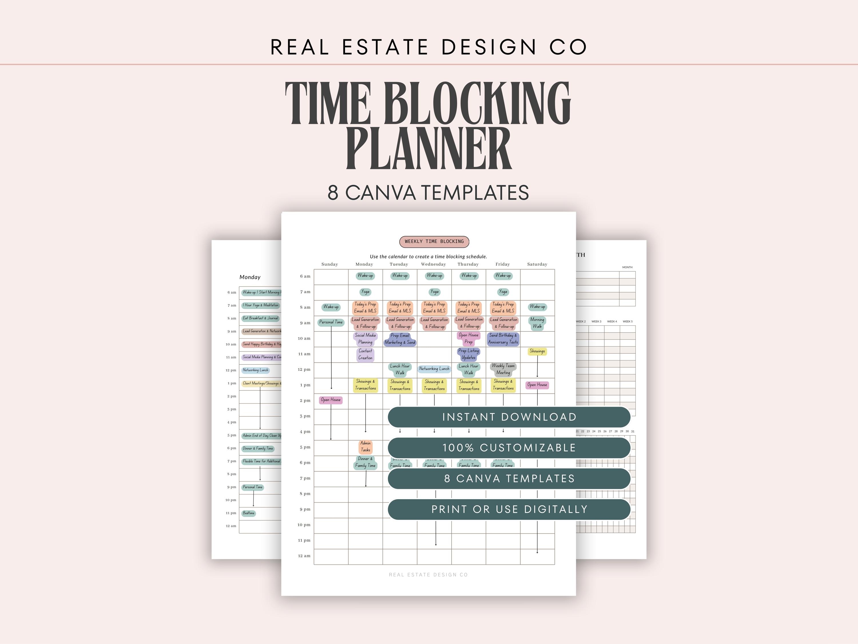 Real Estate Agent Time Blocking Planner Canva Template, Daily Weekly ...