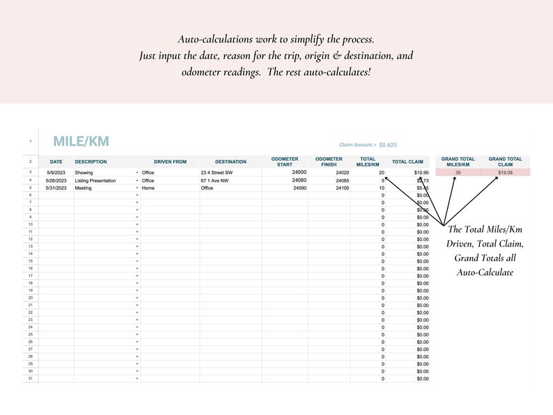 Real Estate Mileage Tracker KM Tracker Google Sheets - Etsy