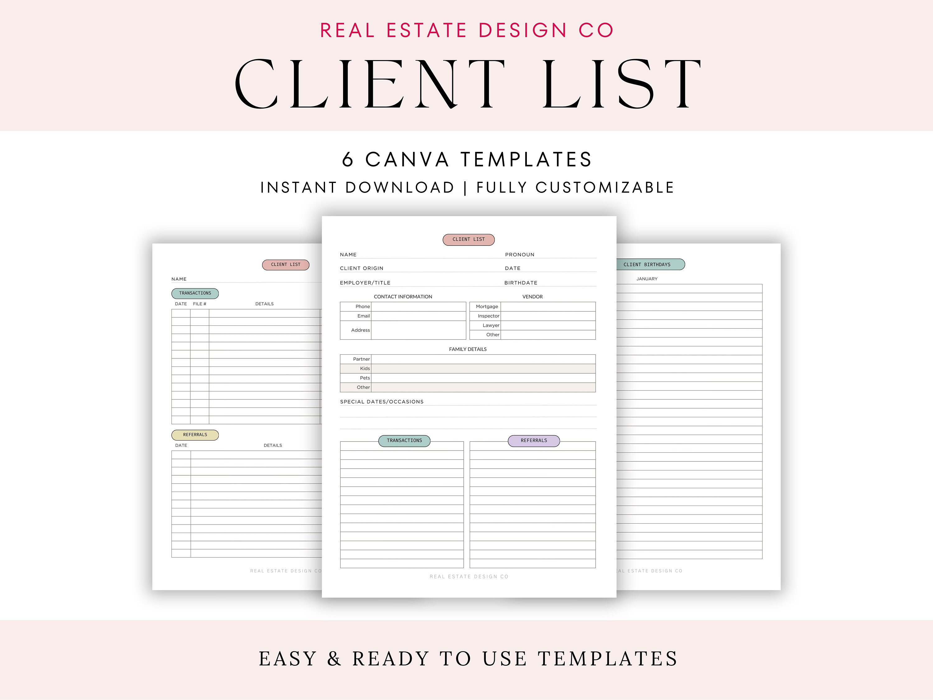 Real Estate Client List Canva Template, Client Touchpoint Tracker, Client Birthday Tracker, Home ...