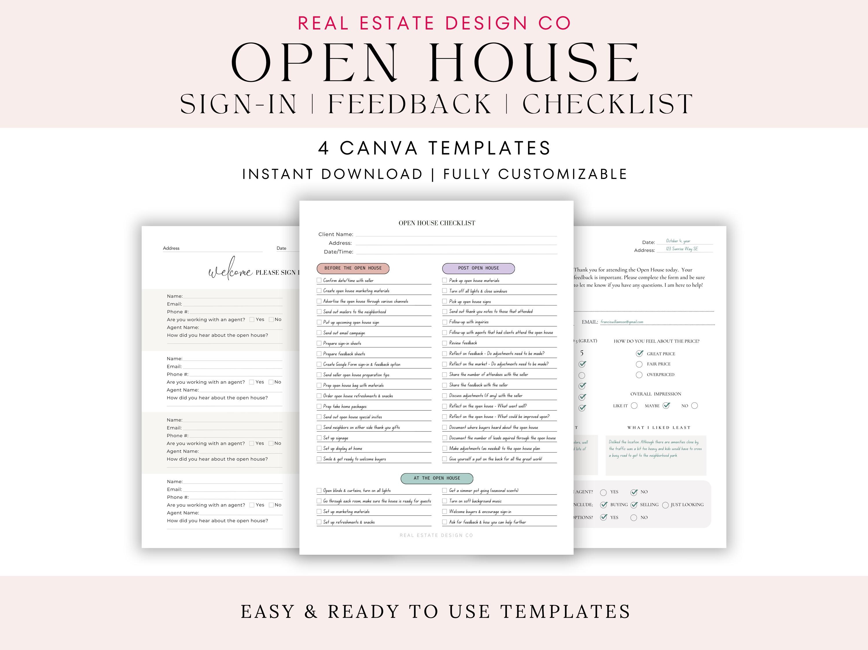Real Estate Open House Canva Templates, Sign-in Sheet, Feedback Form ...