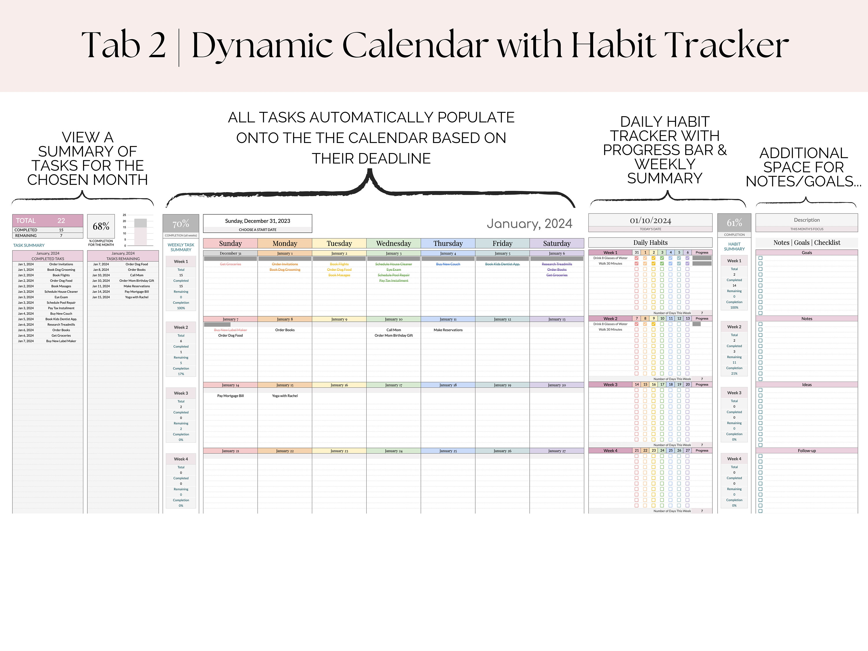To-do List Task Tracker With Monthly Dynamic Calendar and Habit Tracker Google Sheets ...