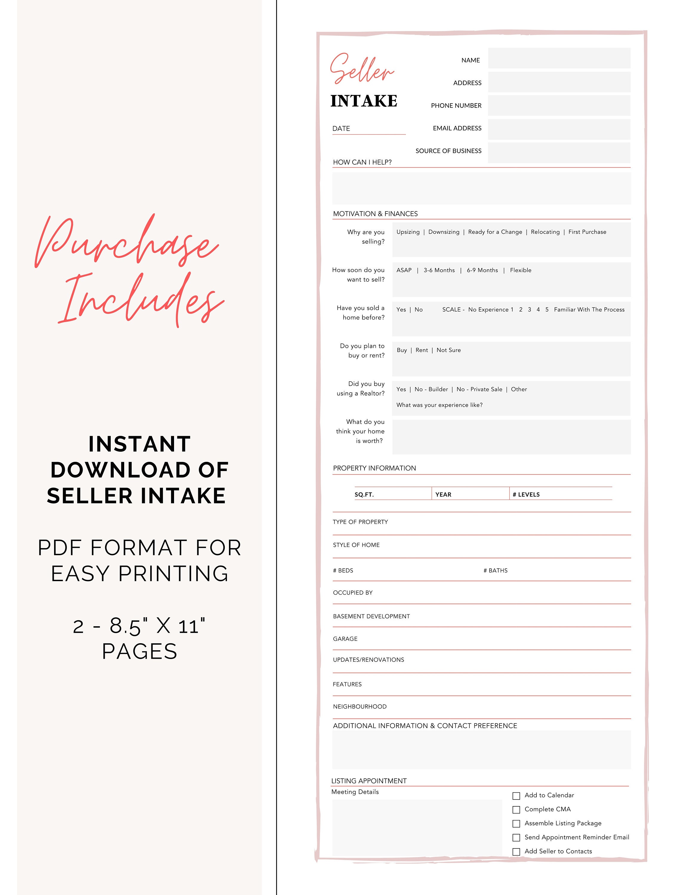 Buyer and Seller Intake Questionnaire Real Estate Google - Etsy