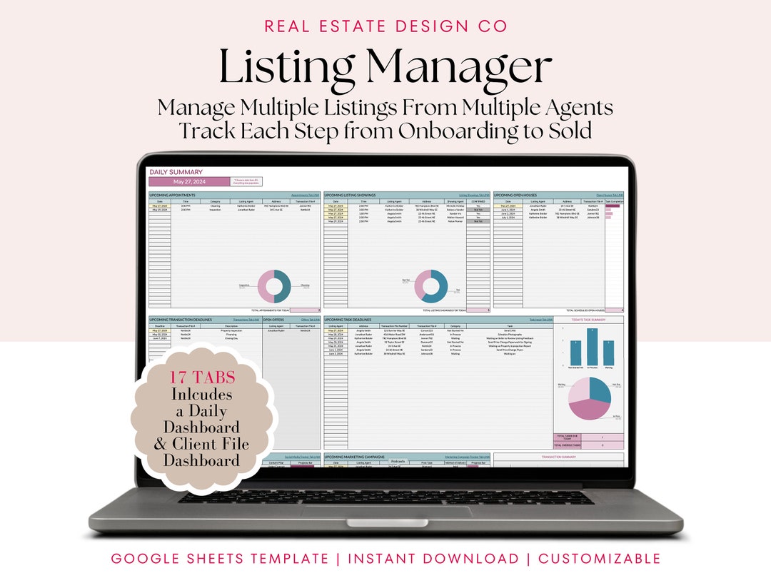 Real Estate Listing Manager Google Sheets Spreadsheet Transaction ...