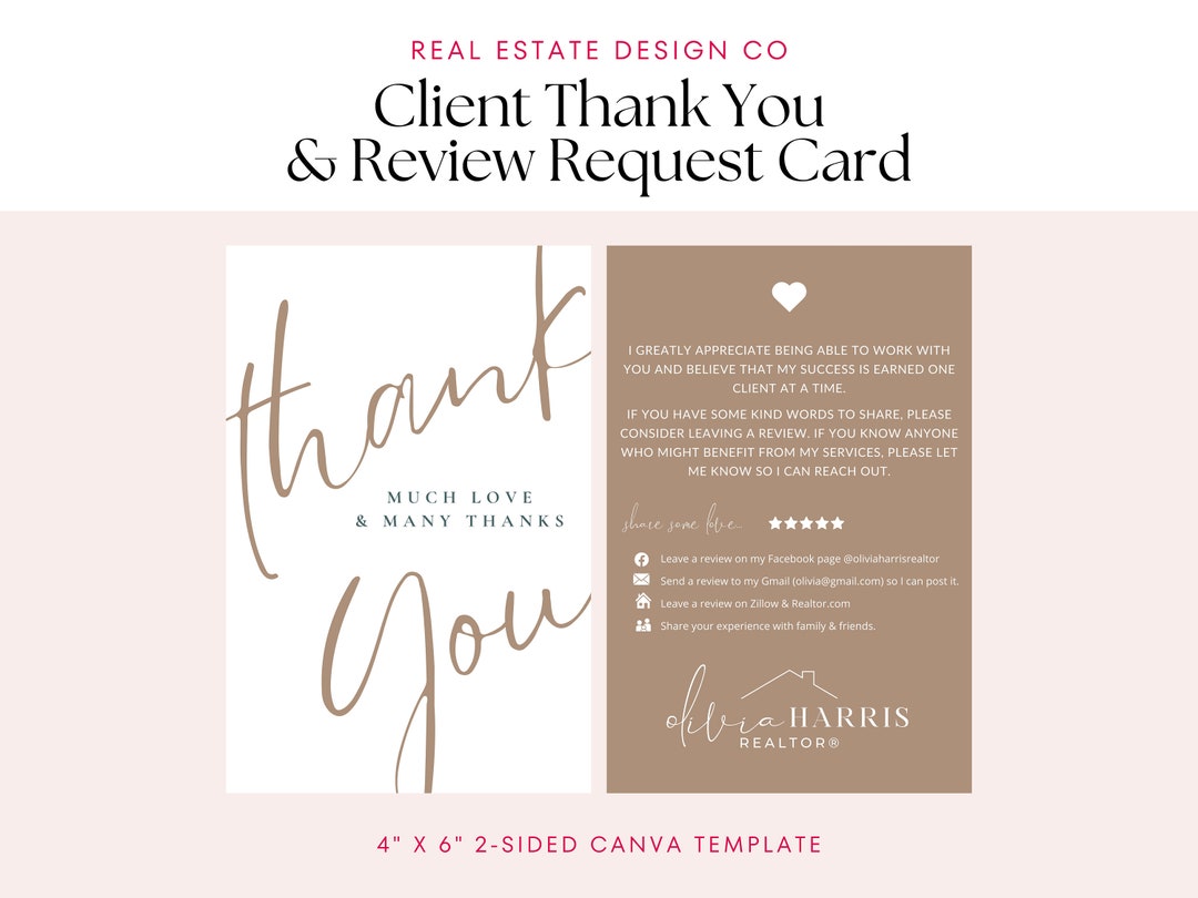 Real Estate Thank You Card, Review Request Card, Real Estate Agent ...