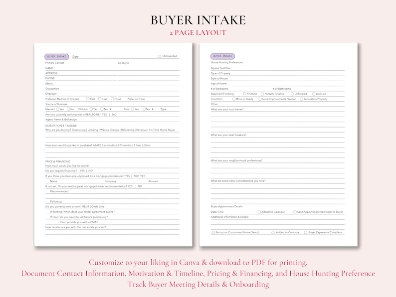 Real Estate Buyer and Seller Intake Forms, Client Intake Canva Template ...
