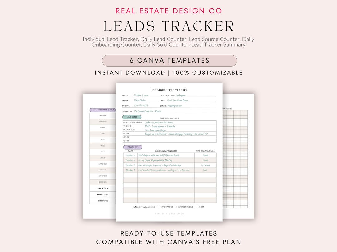 Real Estate Leads Tracker Canva Template, Track Individual Leads, Track ...