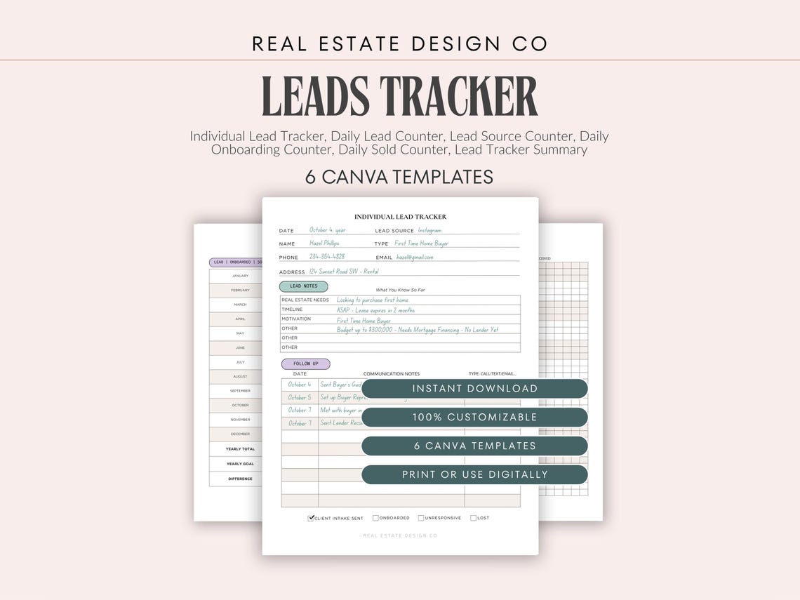 Real Estate Leads Tracker, 6 Canva Templates, Lead Source, Instant ...