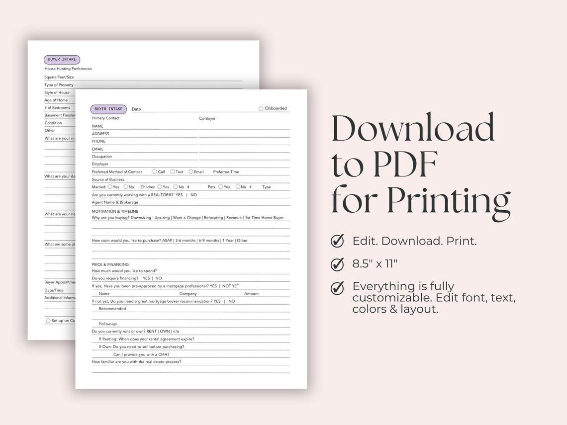 Real Estate Buyer and Seller Intake Forms, Canva Template, Client ...