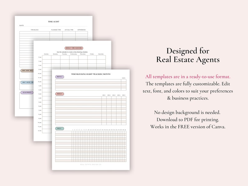 Real Estate Agent Time Blocking Planner Canva Template, Daily Weekly ...