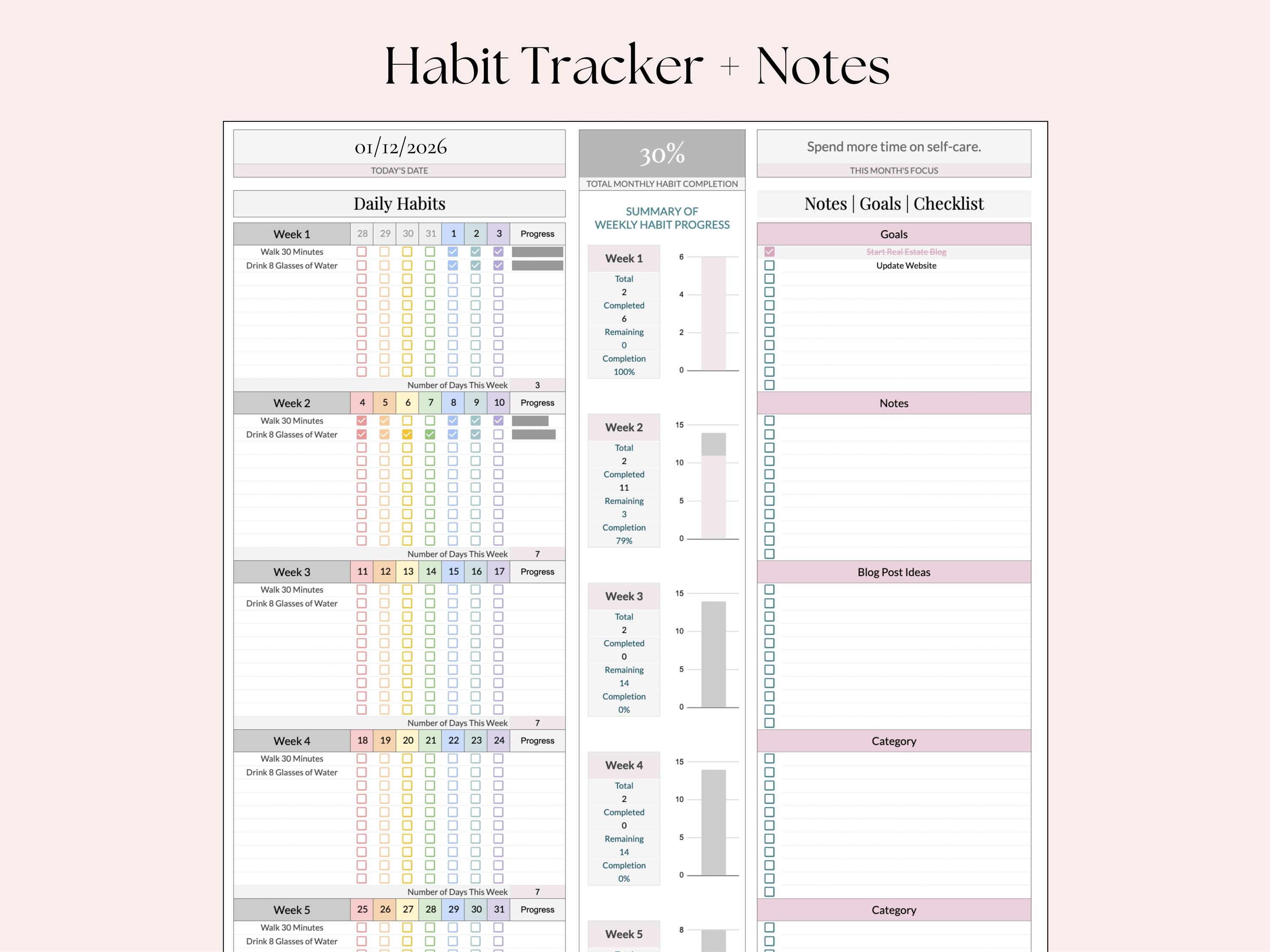 Monthly Smart Calendar With Habit Tracker Google Sheets Spreadsheet ...