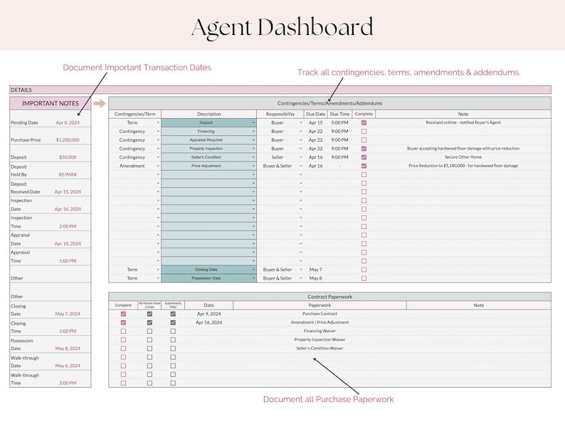 Real Estate Transaction Coordinator Client Dashboard Google Sheets ...