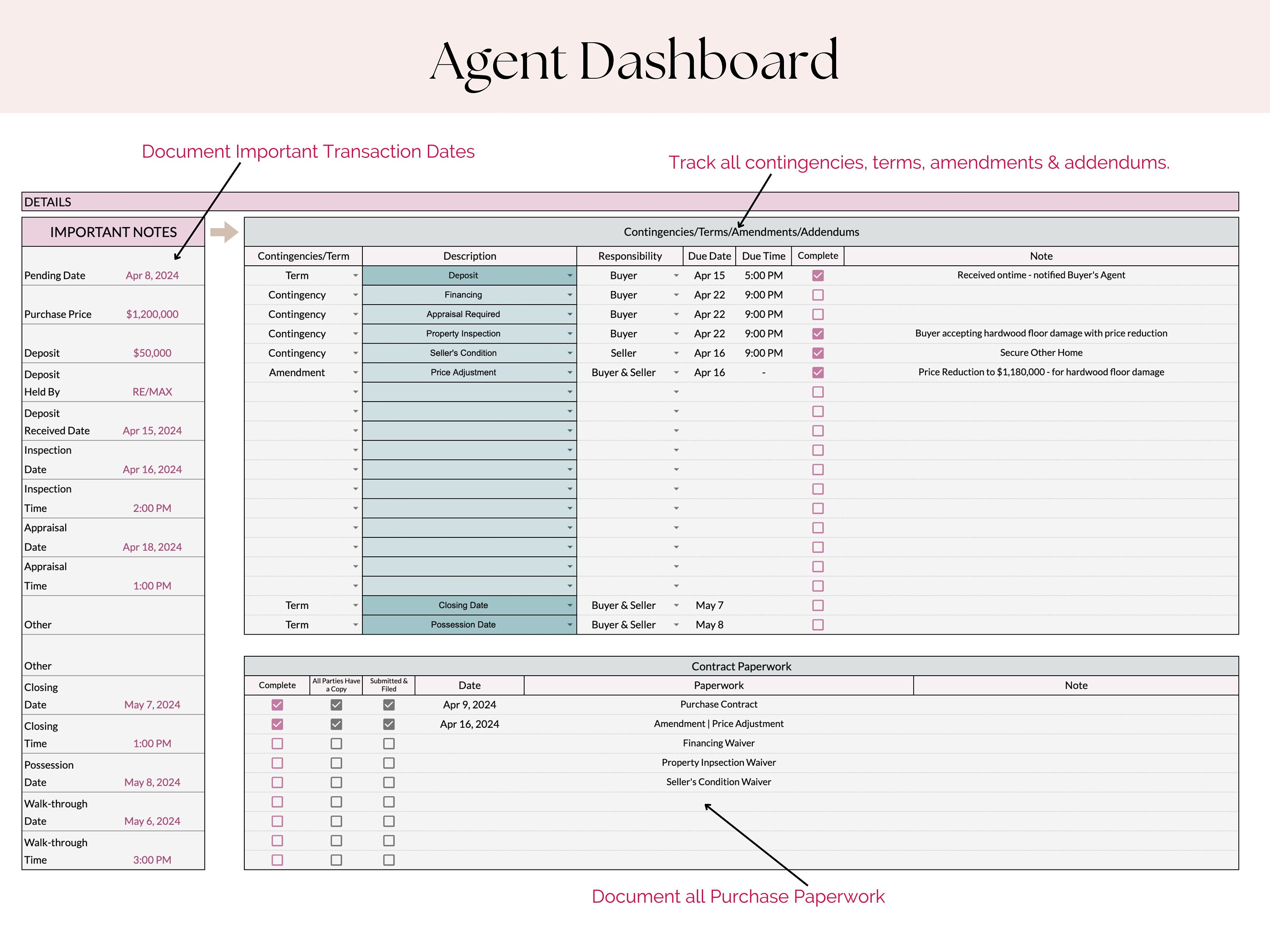 Real Estate Transaction Coordinator Client Dashboard | Sharable Google ...