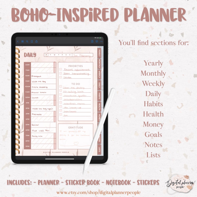 Boho Digital Planner Undated Monthly, Weekly, Daily Planner With Habit ...