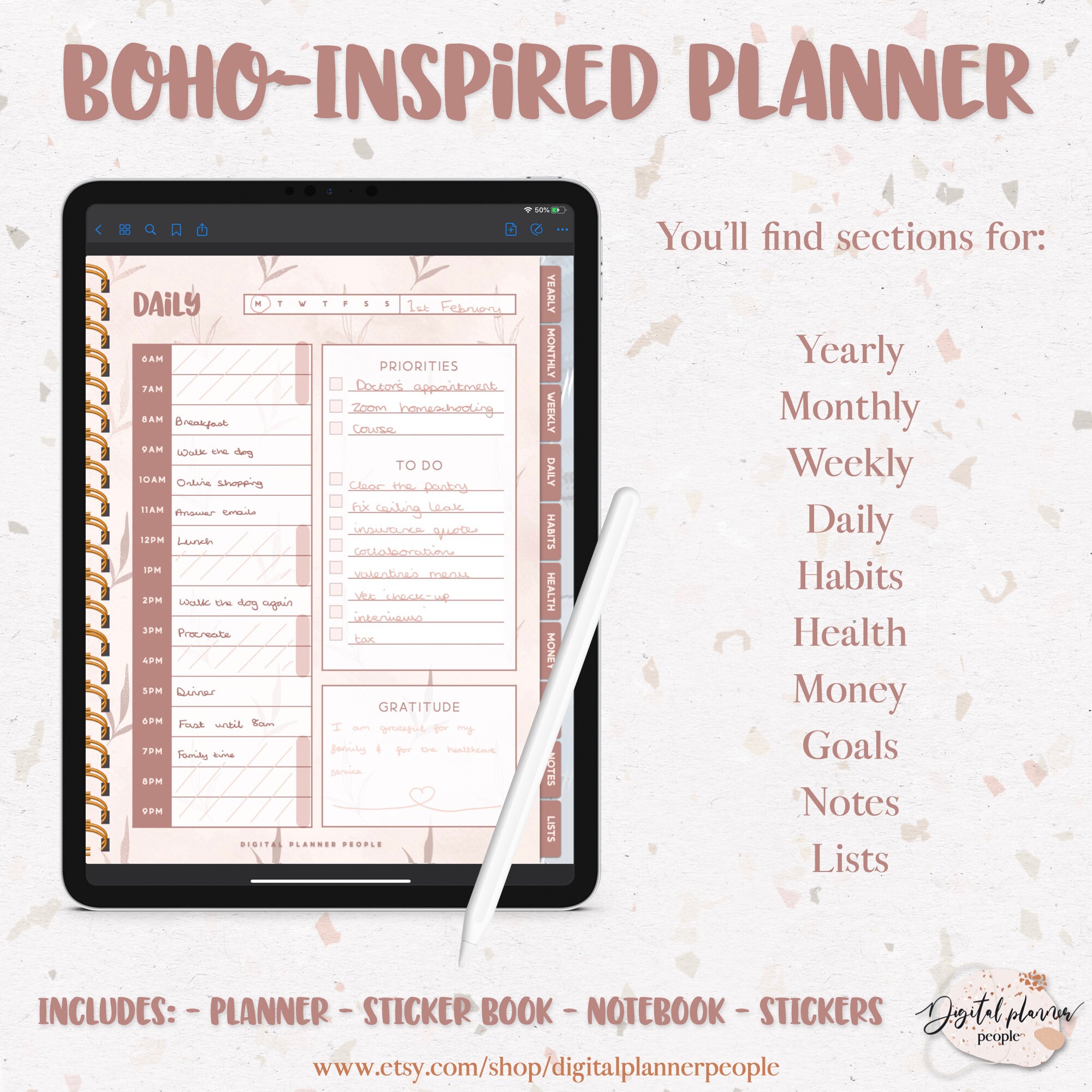 Boho Digital Planner Undated Monthly, Weekly, Daily Planner With Habit ...