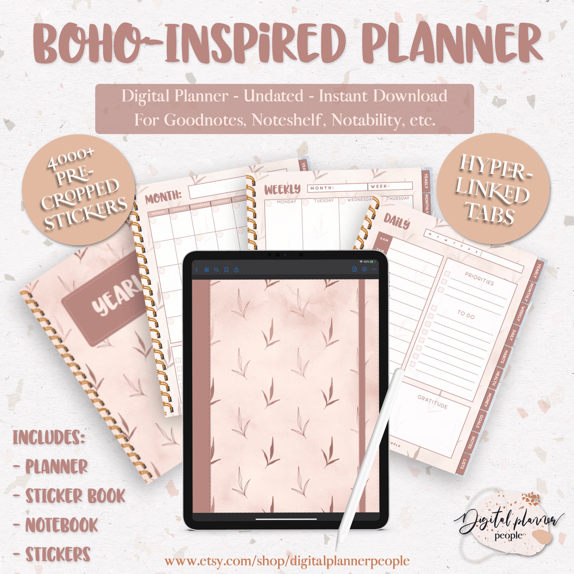Boho Digital Planner Undated Monthly, Weekly, Daily Planner With Habit ...