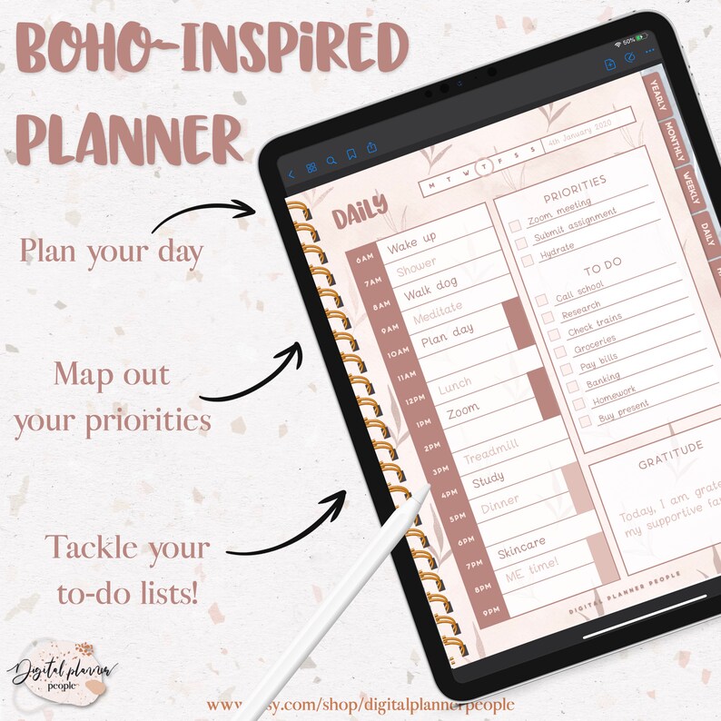 Boho Digital Planner Undated Monthly, Weekly, Daily Planner With Habit ...