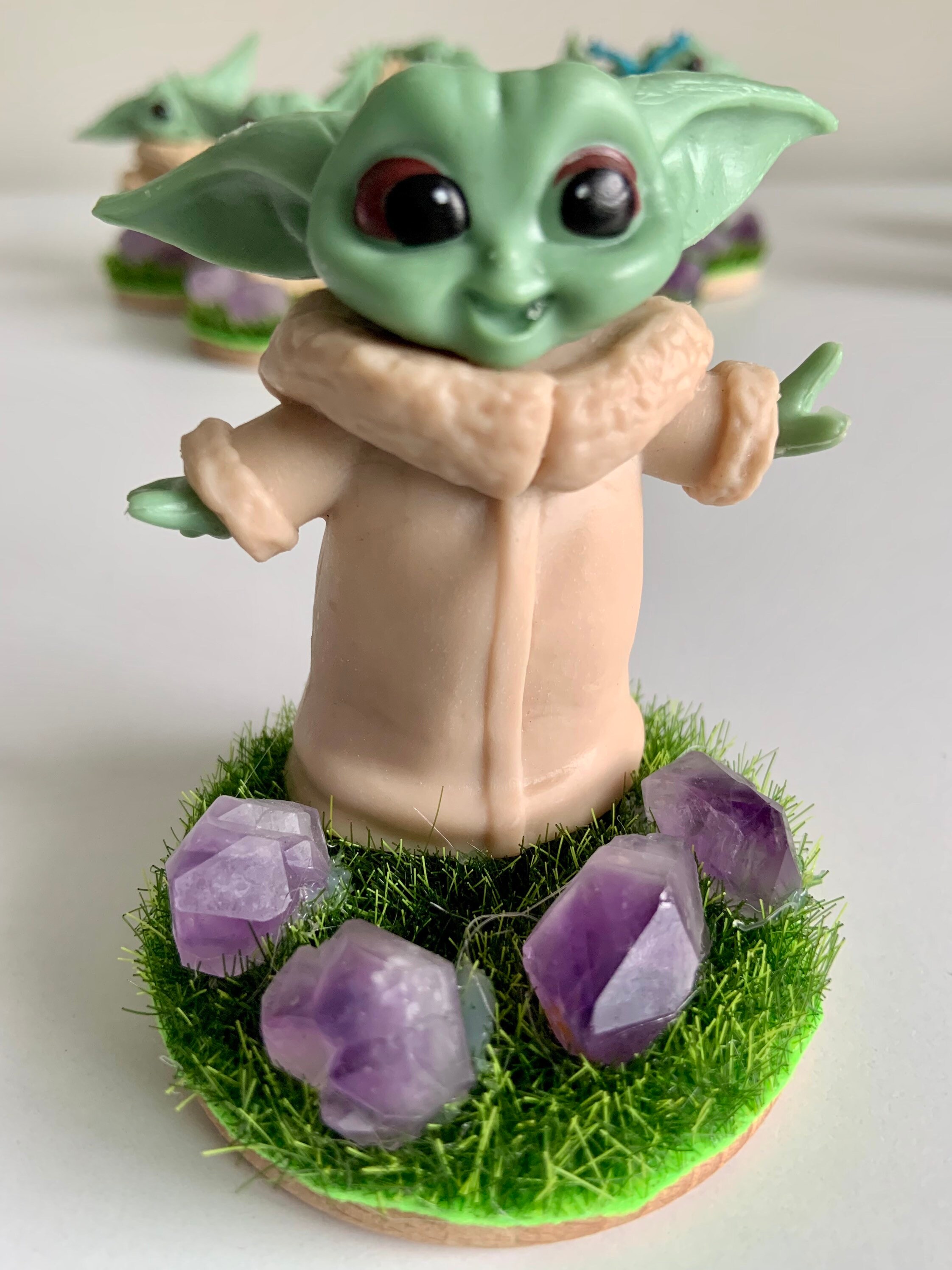 BABY YODA Grogu Happy Face Figurine W/ Amethyst Crystals / - Etsy