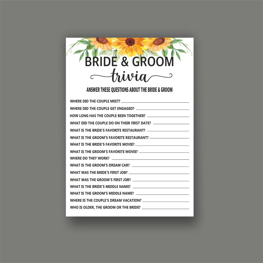 Bride and Groom Trivia Bridal Shower Game, Sunflower Wedding Shower ...