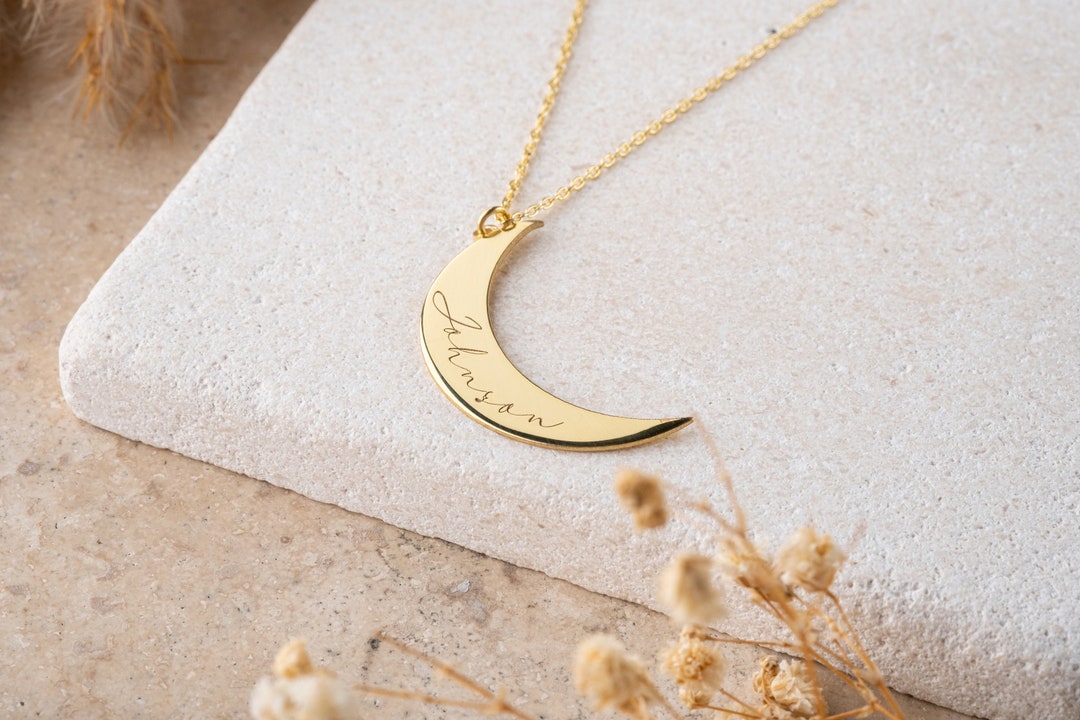 Gold Crescent Moon Necklace, Personalized Name Necklace, Custom ...