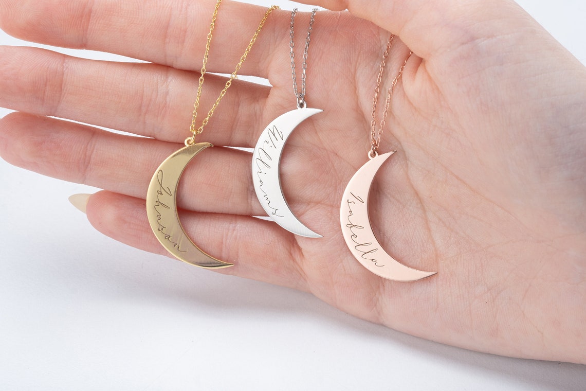 Gold Crescent Moon Necklace, Personalized Name Necklace, Custom ...