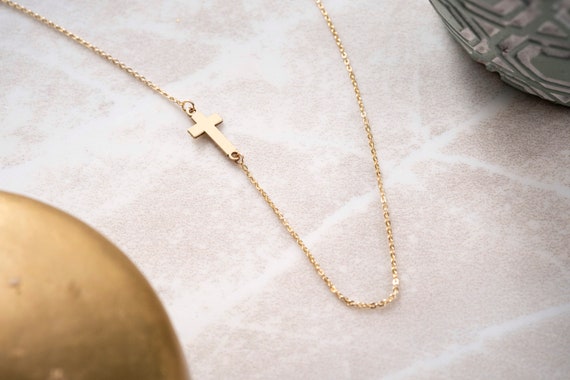 14K Gold Sideways Cross Necklace Minimalist Cross Necklace 14K Gold Cross Necklace Cross Necklace for women Christmas gift for women Etsy