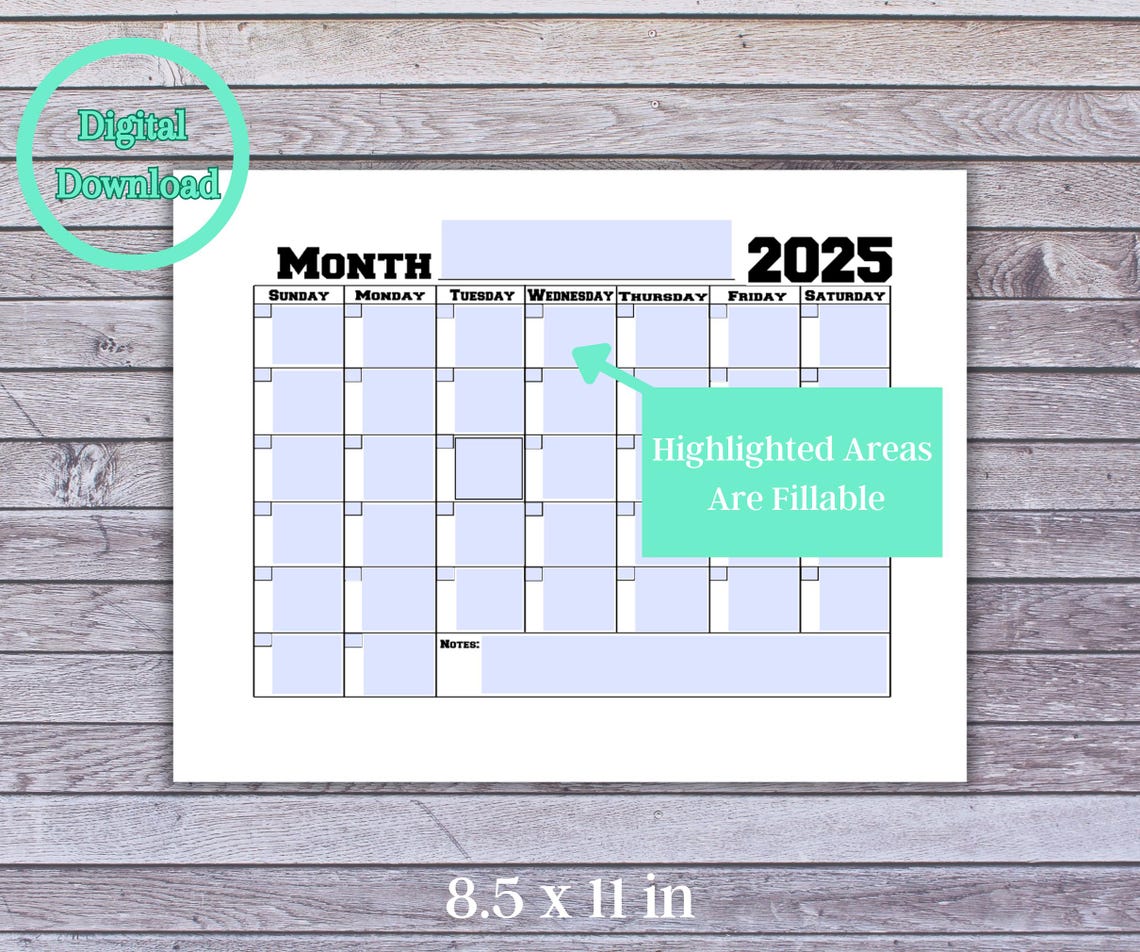 2025 Blank Fillable Calendar Printable, Monthly PDF - Etsy