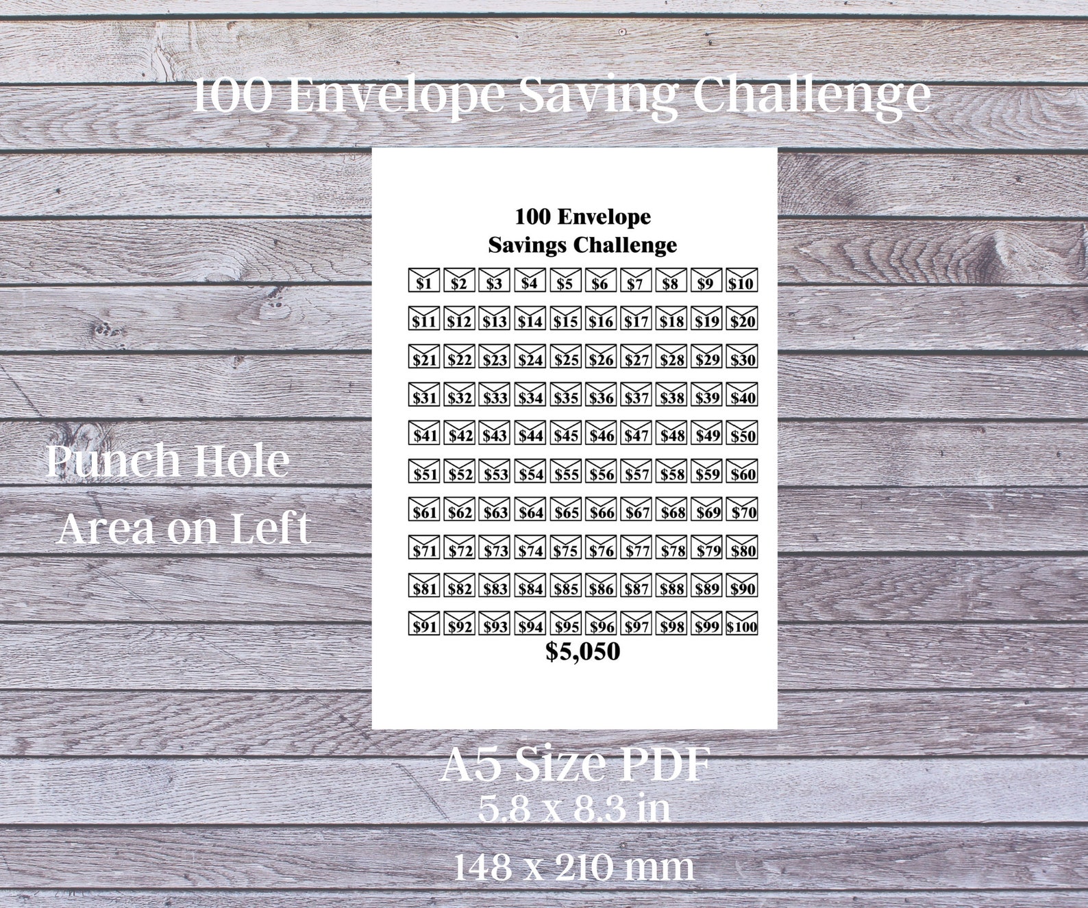 100 Envelope Challenge PDF Printable, Savings Challenge Tracker, 100 ...