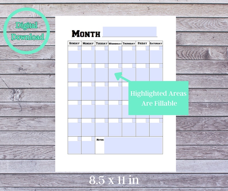Fillable Monthly Calendar, Editable PDF Calendar, Letter Size, Instant ...