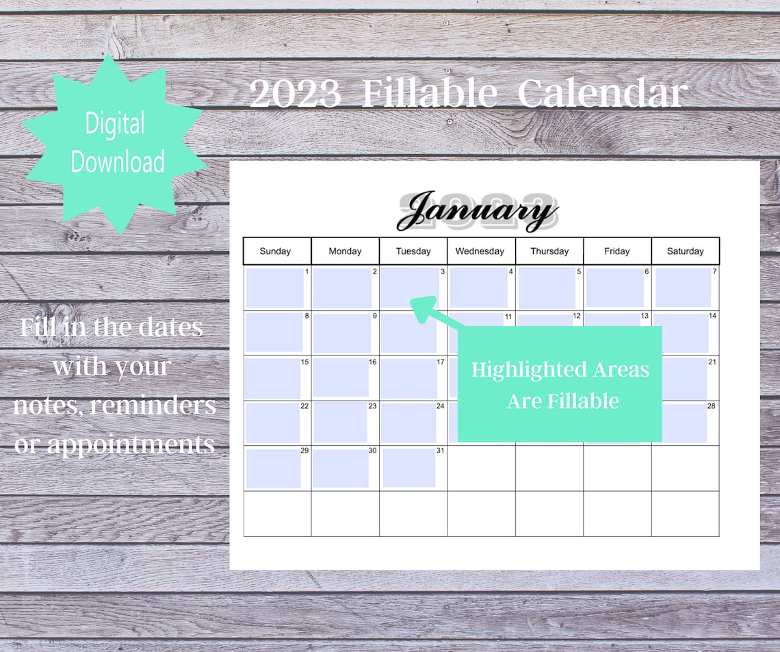 2023 Printable Calendar, 12 Month Fillable Calendar, Digital Calendar ...