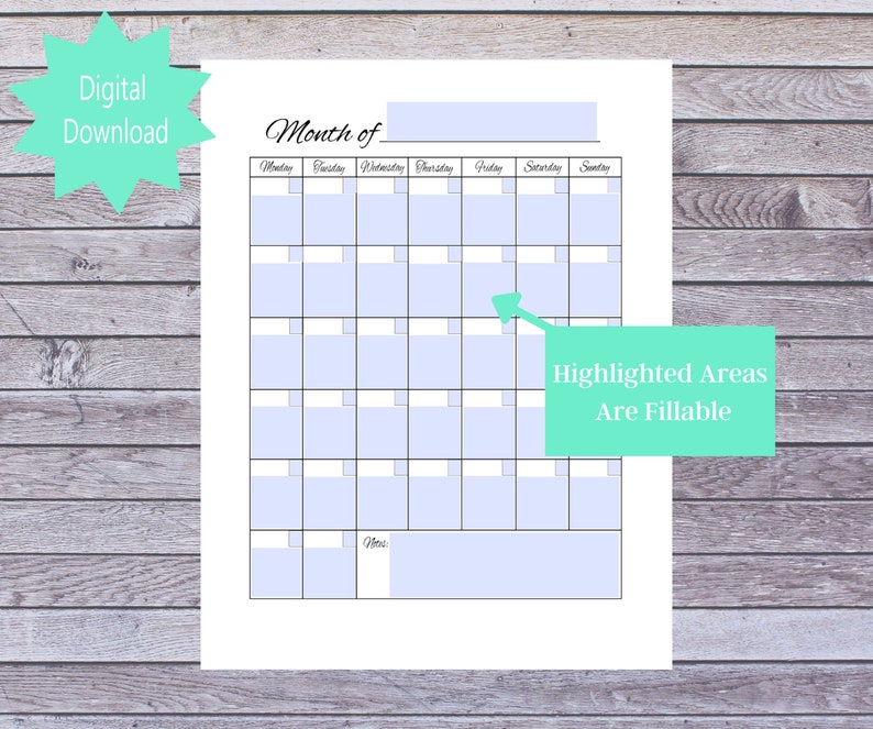 Blank Fillable Monthly Calendar, Monday Start, Letter Size, Editable ...