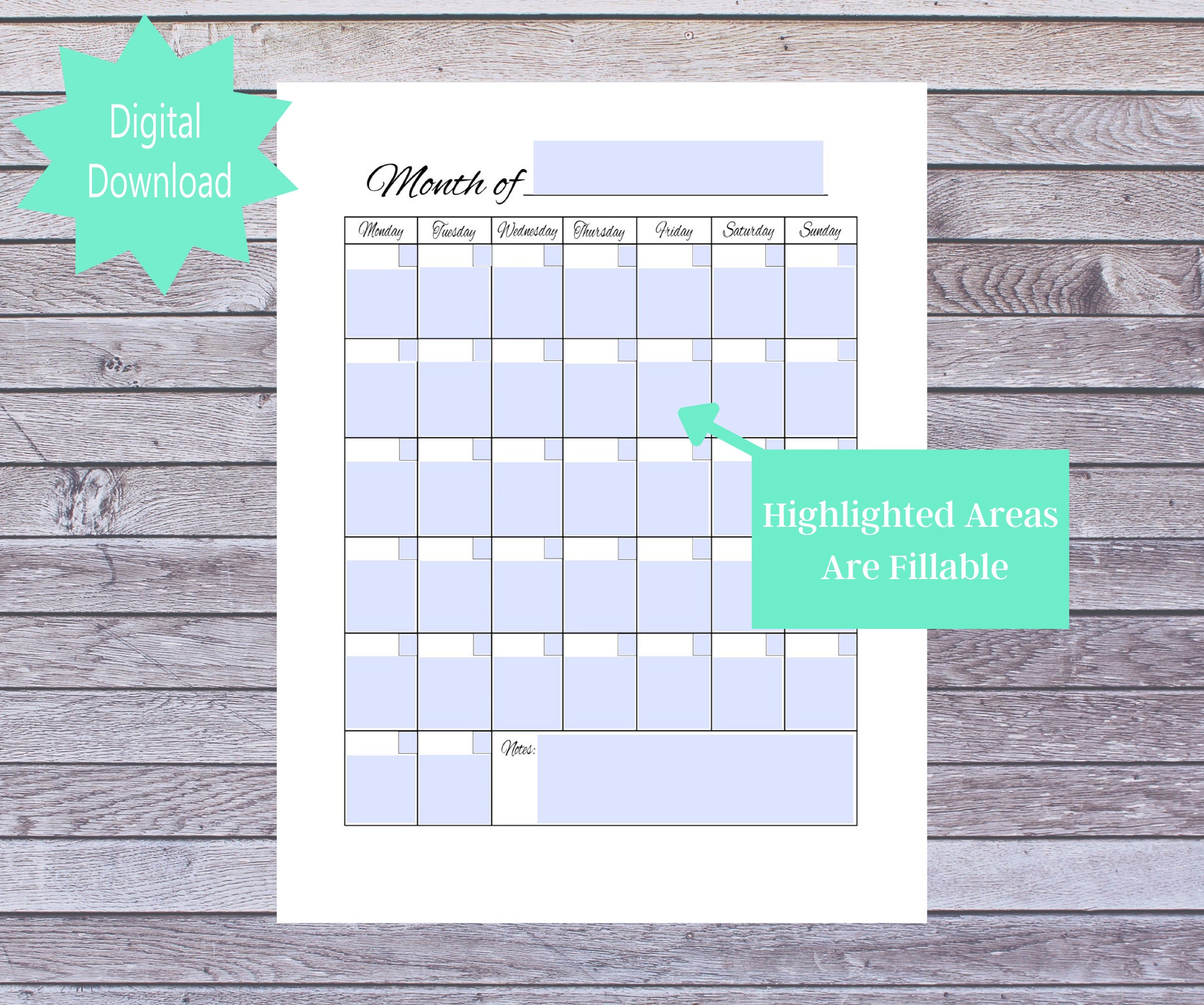 Blank Fillable Monthly Calendar, Monday Start, Letter Size, Editable ...