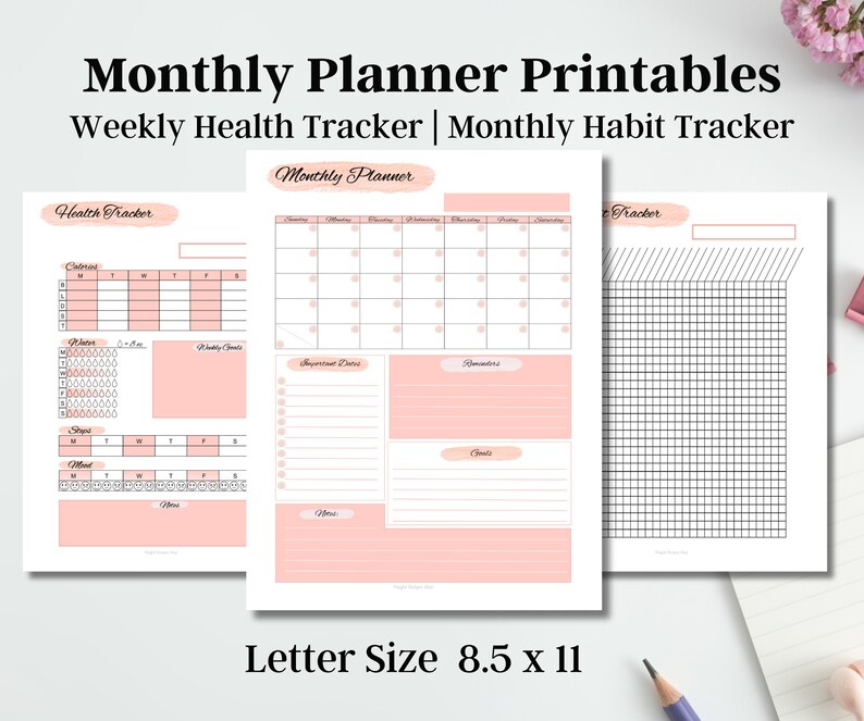 Monthly Planner Printables, Weekly Health Tracker, Monthly Habit ...