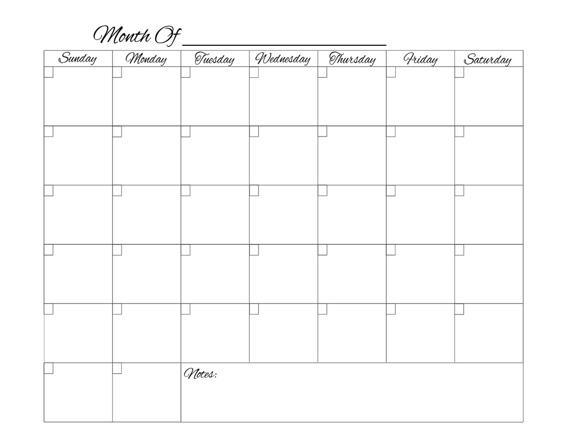 Blank Monthly Calendar Template: Editable PDF Printable (digital ...